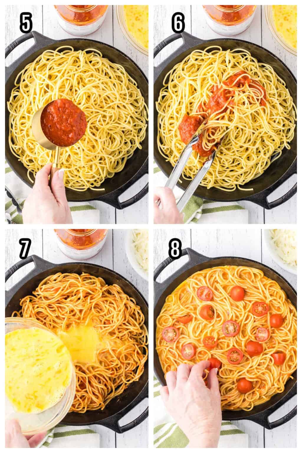 Easy Pasta Frittata with Saucy Tomatoes and Gooey Cheese