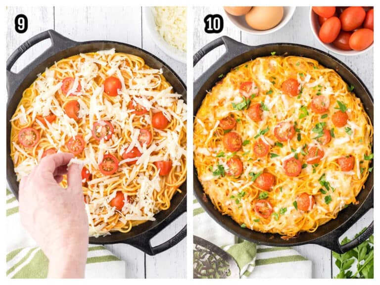 Easy Pasta Frittata with Saucy Tomatoes and Gooey Cheese
