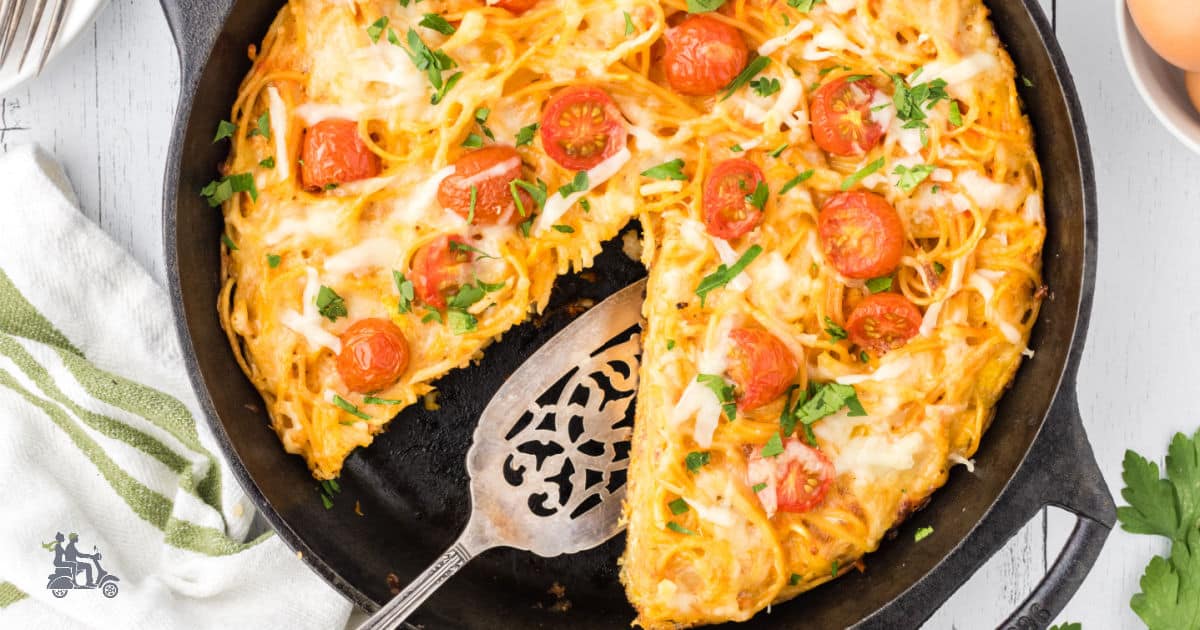 Easy Pasta Frittata with Saucy Tomatoes and Gooey Cheese