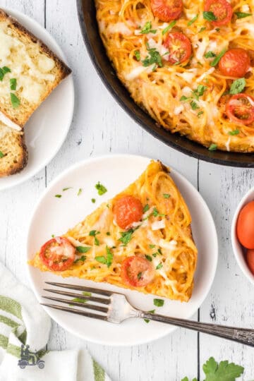 Easy Pasta Frittata with Saucy Tomatoes and Gooey Cheese